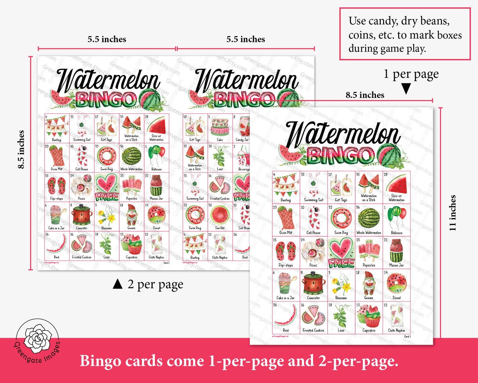 Watermelon Bingo 50 PRINTABLE Unique Cards. Instant Digital Download ...