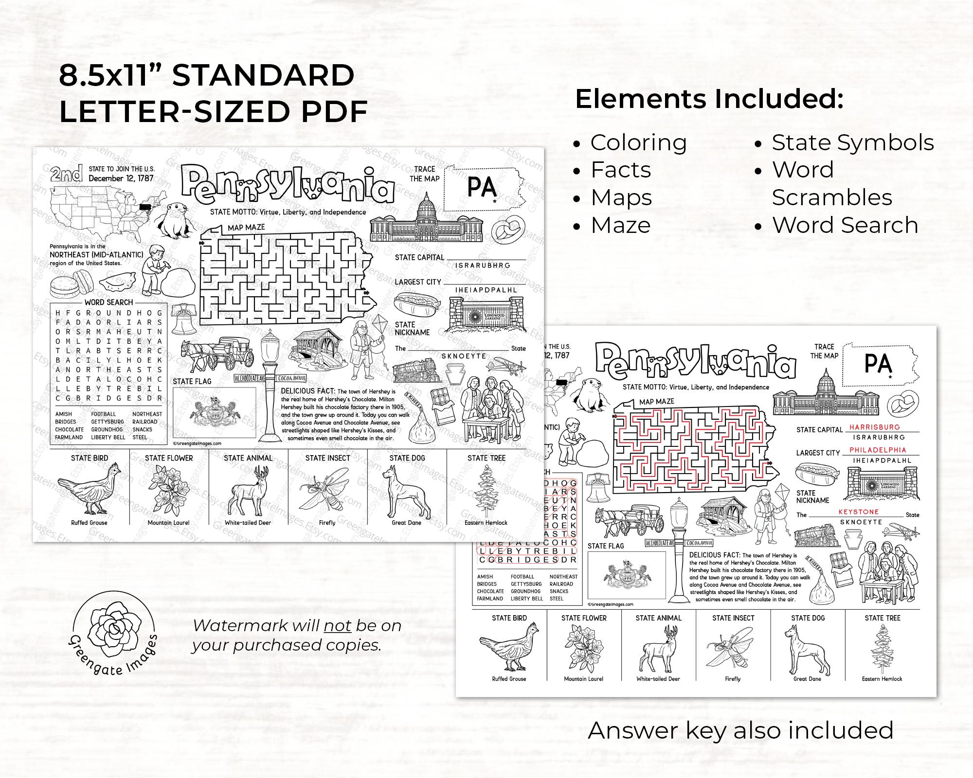 Pennsylvania Activity Page - PRINTABLE Instant Download PDF. PA State ...