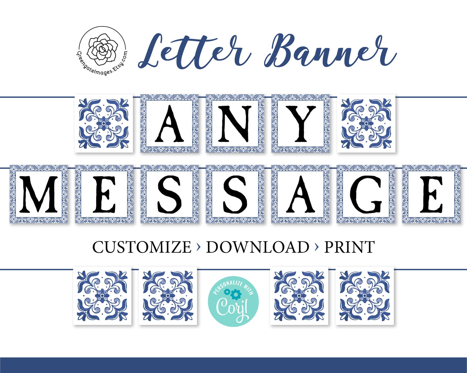 Talavera Style Letter Banner Printable Bunting Blue White - Etsy