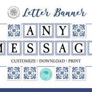 Talavera Style Letter Banner, Printable Bunting, Blue White Tile ...