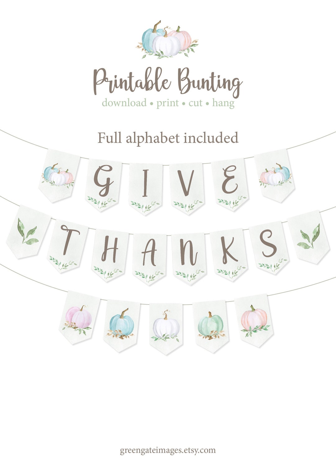 Fall Banner - Thanksgiving, Fall Pumpkins, Greenery, Printable Bunting ...