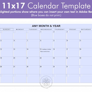 11x17 Calendar Template - Editable Landscape Calendar, Any Month, A3 ...