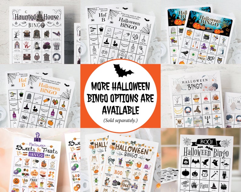 Halloween Bingo Cards - 50 PRINTABLE Unique Cards, Black and White ...