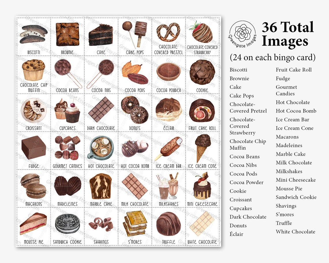 Chocolate Bingo Cards: Printable Bingo Cards, Color Pictures, 50 Cards ...