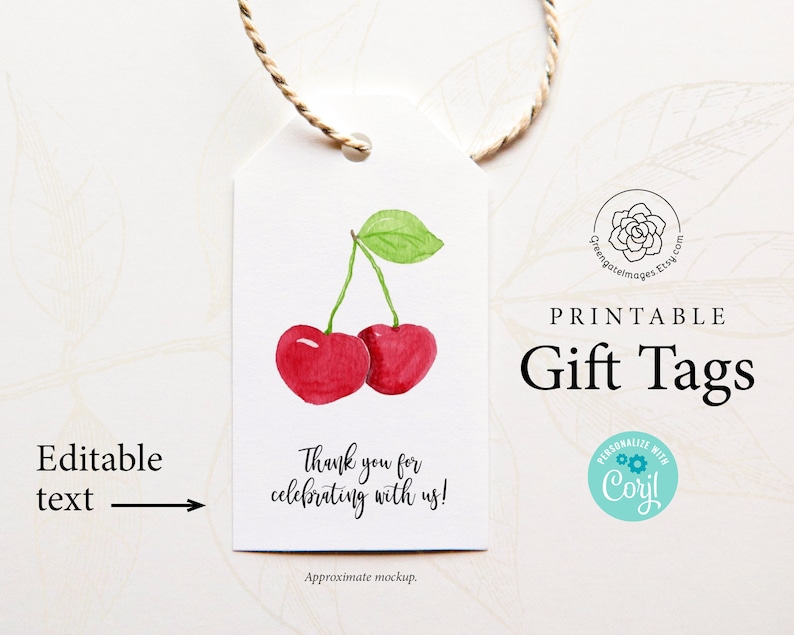 Cherry Gift Tags - Printable Gift Tag, Editable Corjl, Favor Bag Tag ...
