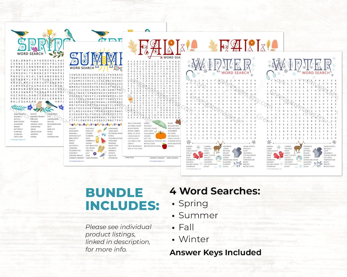 Seasons Word Search Bundle - PRINTABLE Word Find Pages. Instant ...