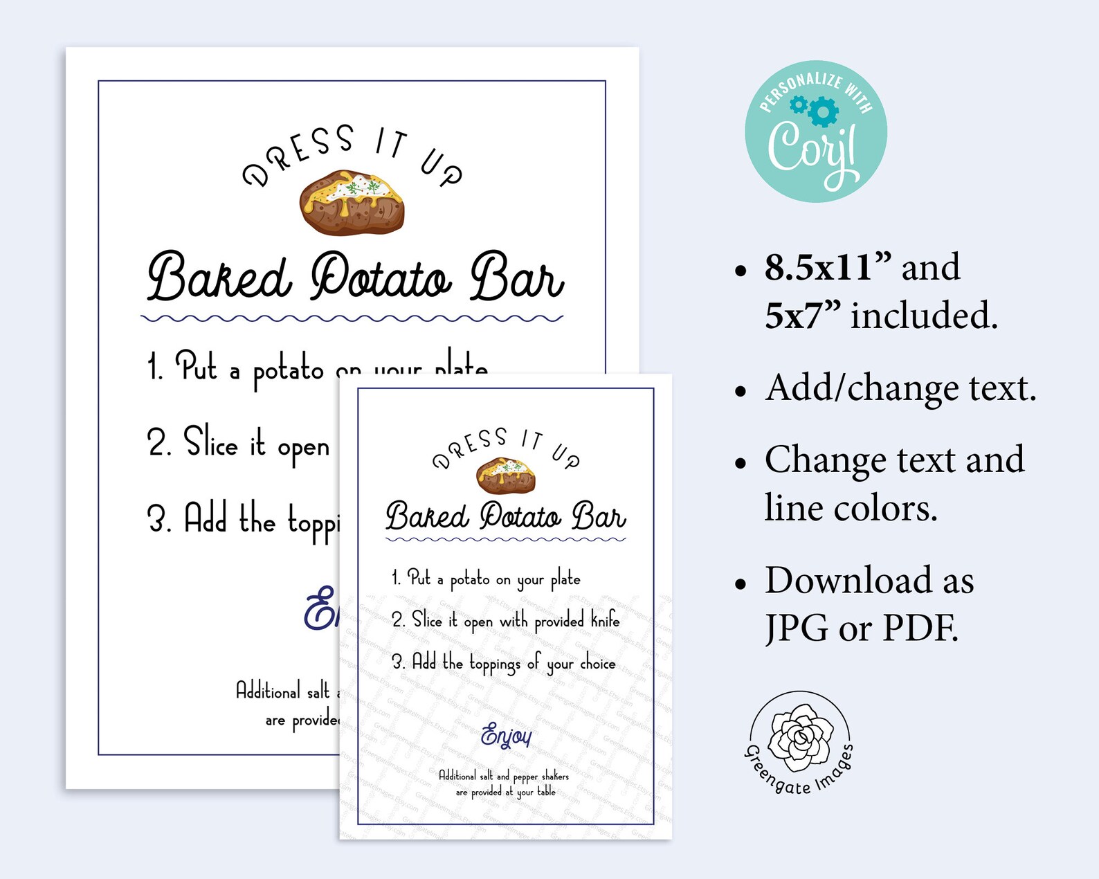 Baked Potato Bar Sign 8.5x11 and 5x7. Editable on Corjl, Wedding Sign ...