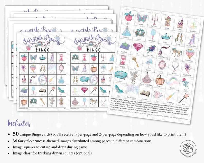 Fairytale Princess Bingo Cards: Printable Bingo Cards 50 | Etsy