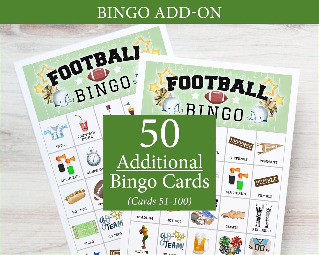 ADD-ON: 50 Additional Football Bingo Cards (numbered 51-100) to Go With ...