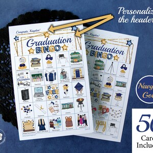 Graduation Bingo - 50 PRINTABLE Unique Cards. Navy Blue and Gold Color ...