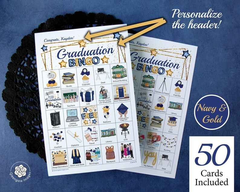 Graduation Bingo - 50 PRINTABLE Unique Cards. Navy Blue and Gold Color ...