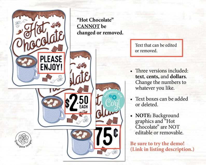 Hot Chocolate Sign: PRINTABLE Corjl 8.5x11" Sign Template. Hot Cocoa ...