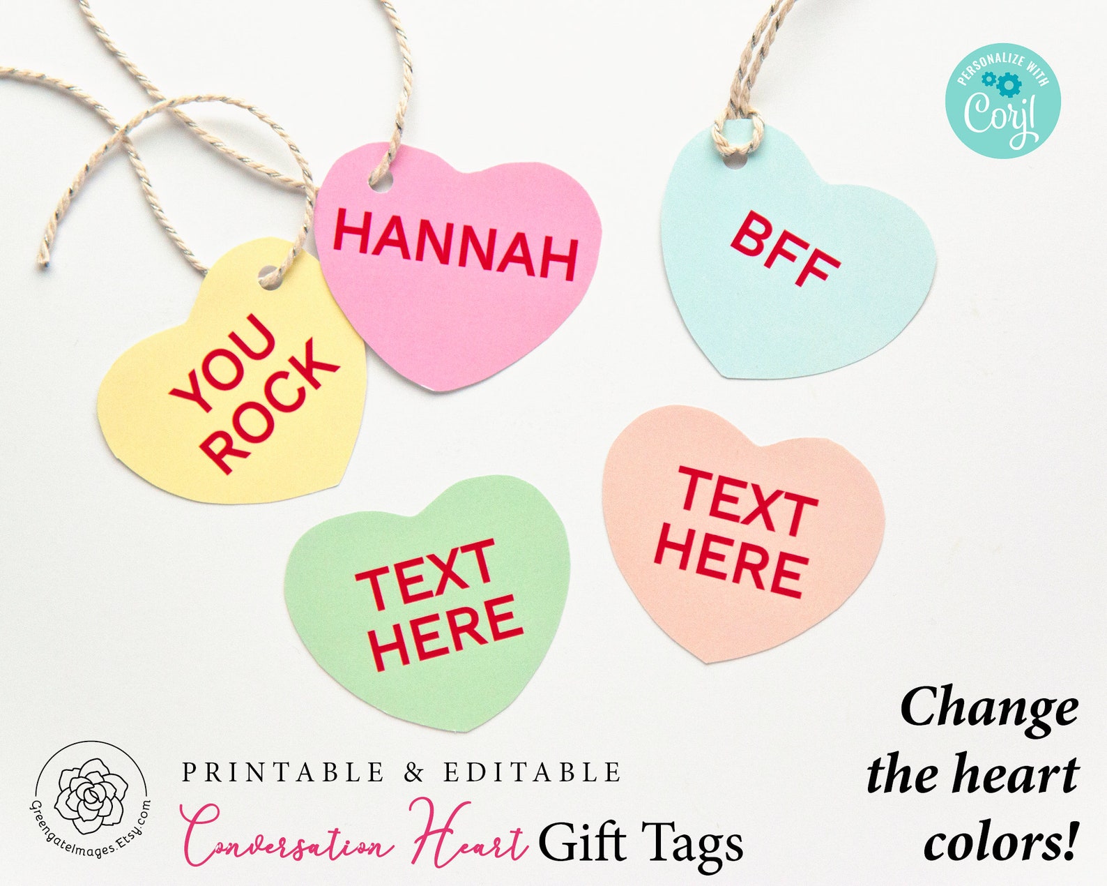 Candy Heart Gift Tags - Corjl Editable, Favor Tags, Printable Hang Tags ...