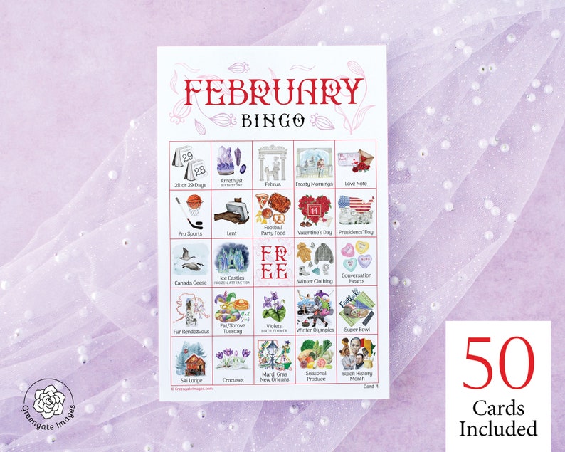 February Bingo - 50 PRINTABLE Unique Cards. Instant Digital Download ...
