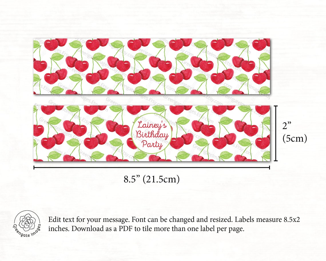 Cherry Water Bottle Label Printable Corjl Editable Party | Etsy