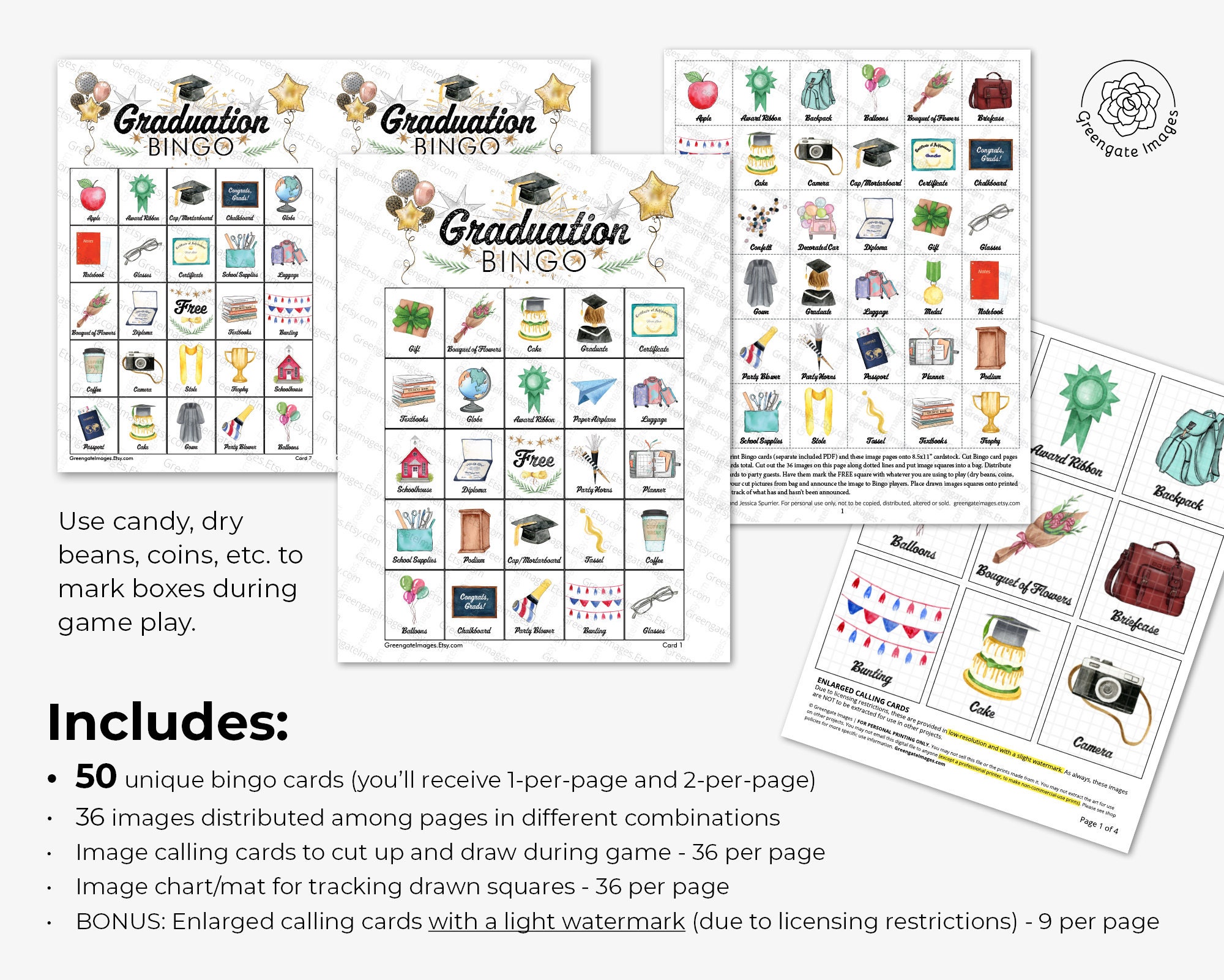 Graduation Bingo Cards - 50 PRINTABLE Unique Cards. Instant Digital ...