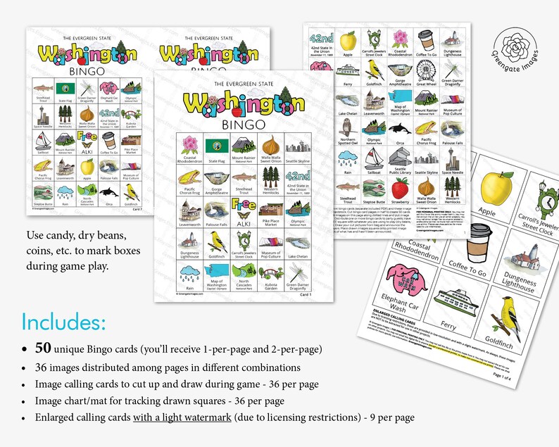 Washington Bingo Cards - 50 PRINTABLE Unique Cards You Download ...