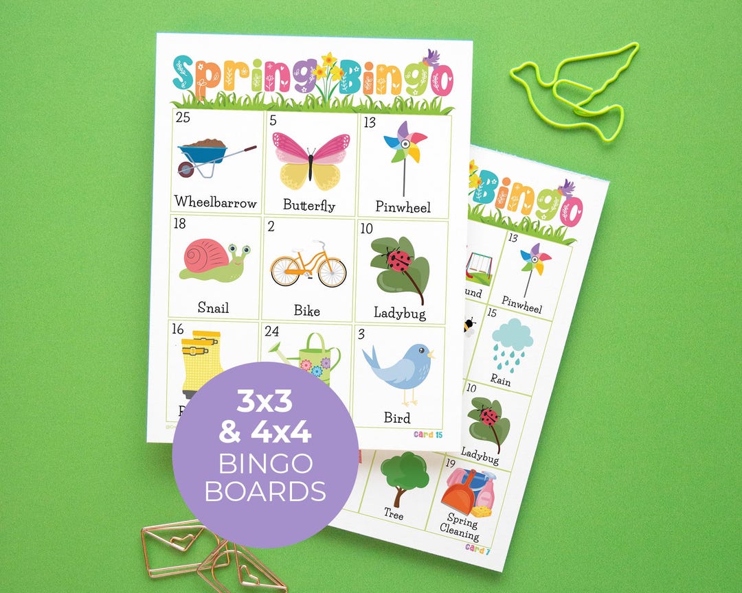 Spring Bingo for Kids - 50 PRINTABLE Unique Cards. 3x3 & 4x4 Large ...