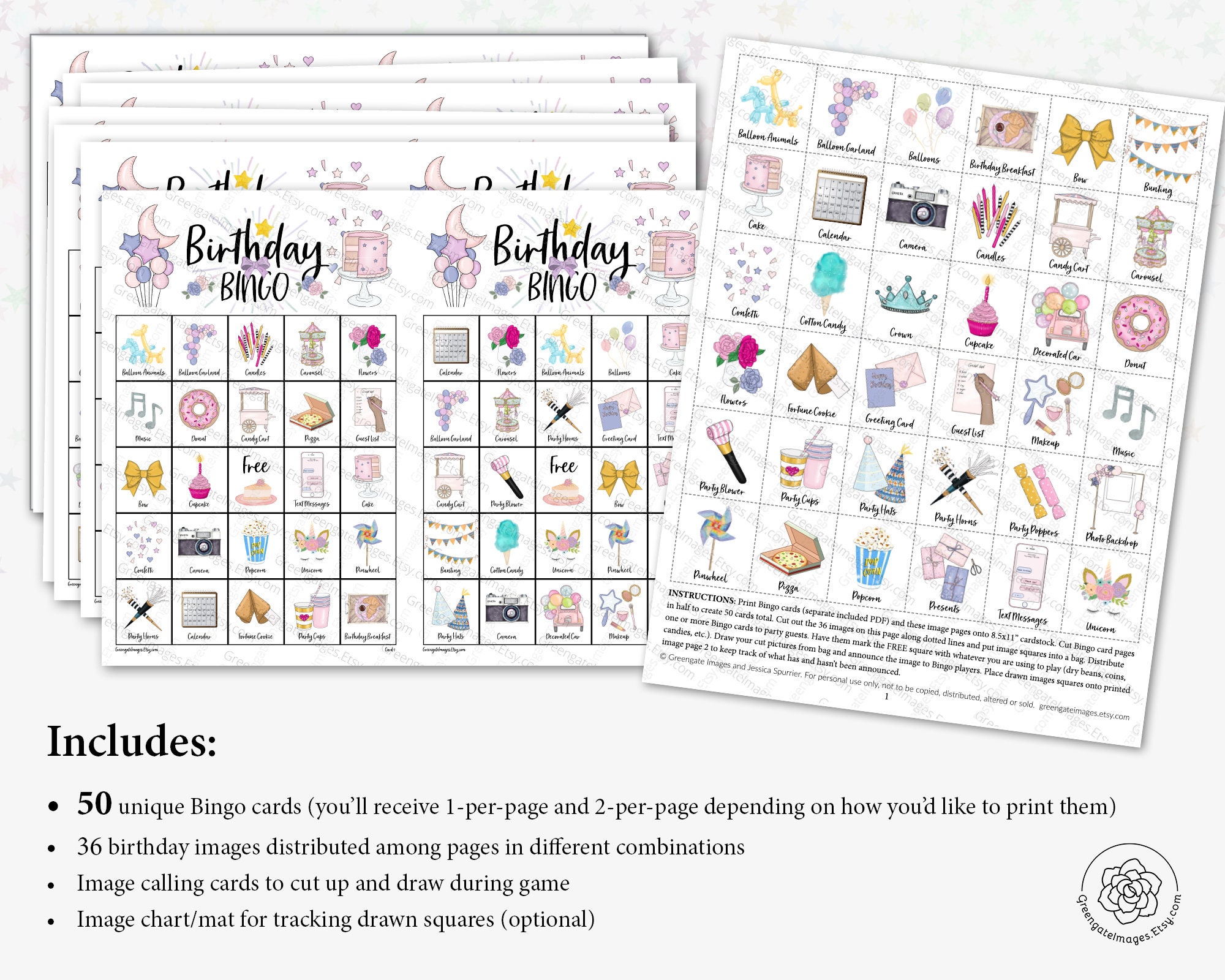 Birthday Bingo Cards: Printable Bingo Cards, 50 Cards, Girls Birthday ...