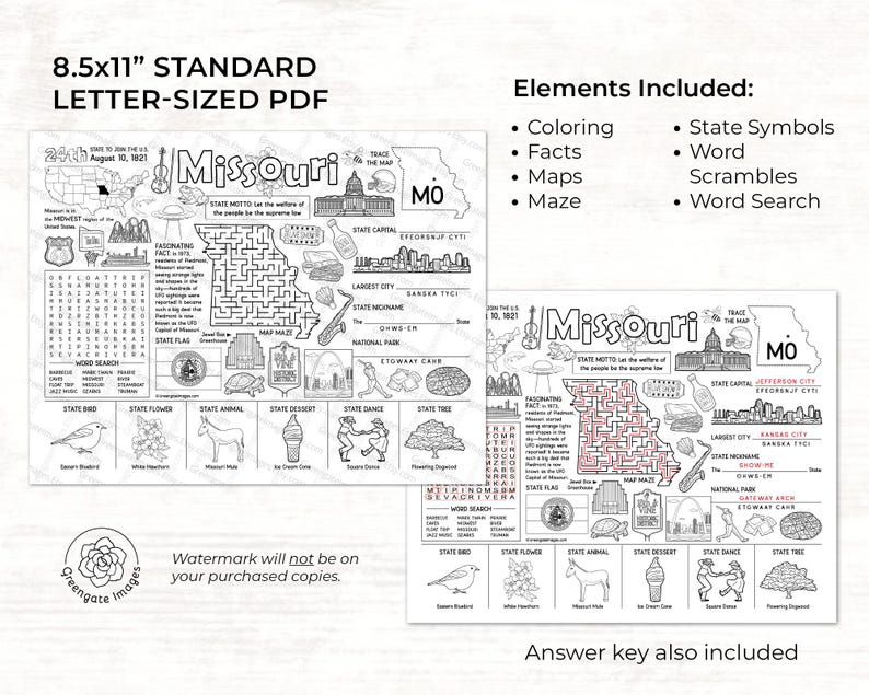 Missouri Activity Page - PRINTABLE Instant Download PDF Kids Games. MO ...