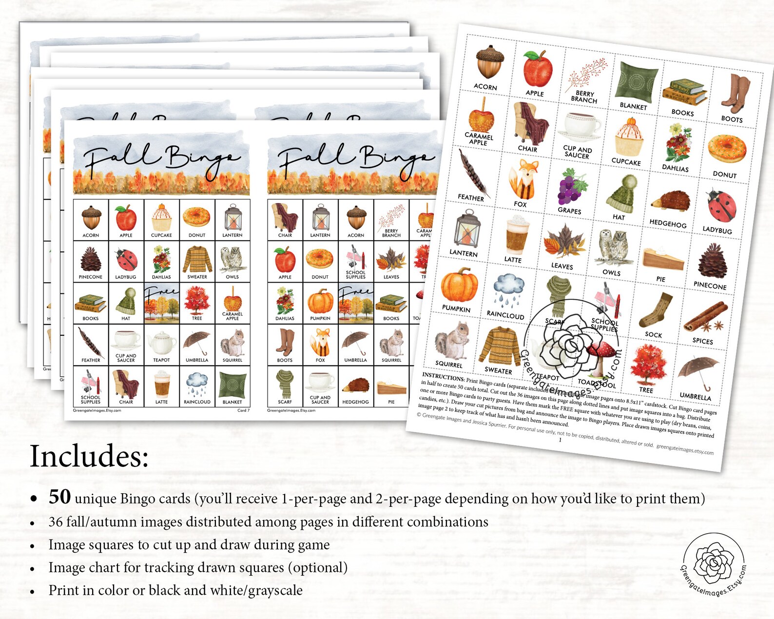 Fall Bingo Cards: Printable Bingo, 50 Cards, Fall Party Idea, Senior ...