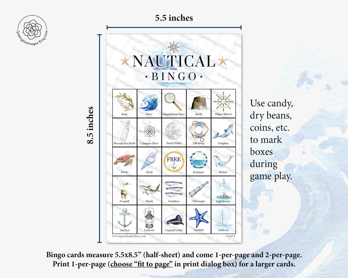 Nautical Bingo: PRINTABLE 50 Cards, Bingo Pdf Game, Party Game Ideas ...