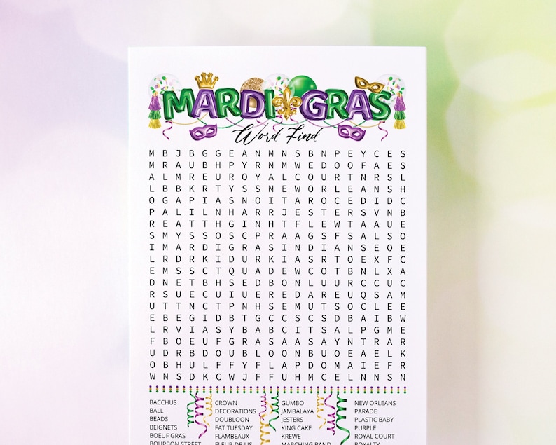 PRINTABLE Mardi Gras Word Search Big 40-word Find. Instant - Etsy