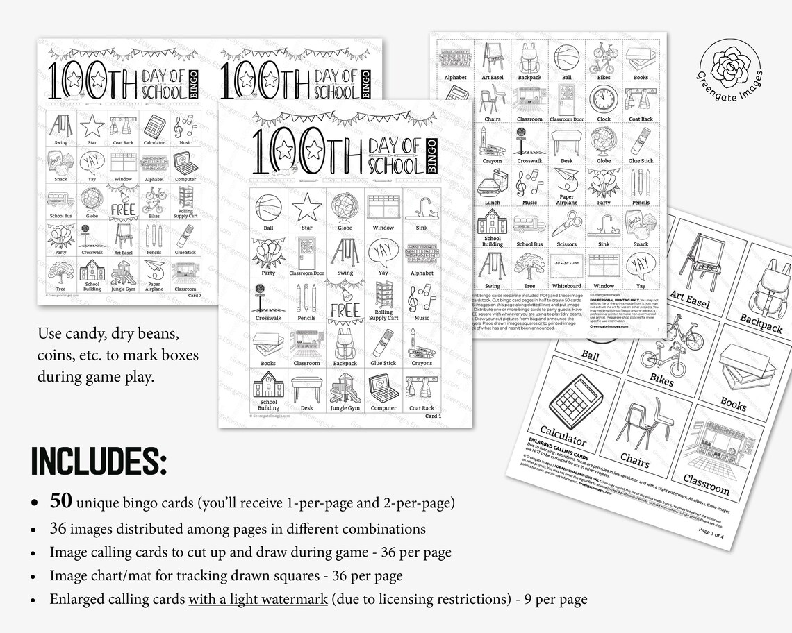 100th Day of School Bingo 50 PRINTABLE Unique Cards. Instant - Etsy