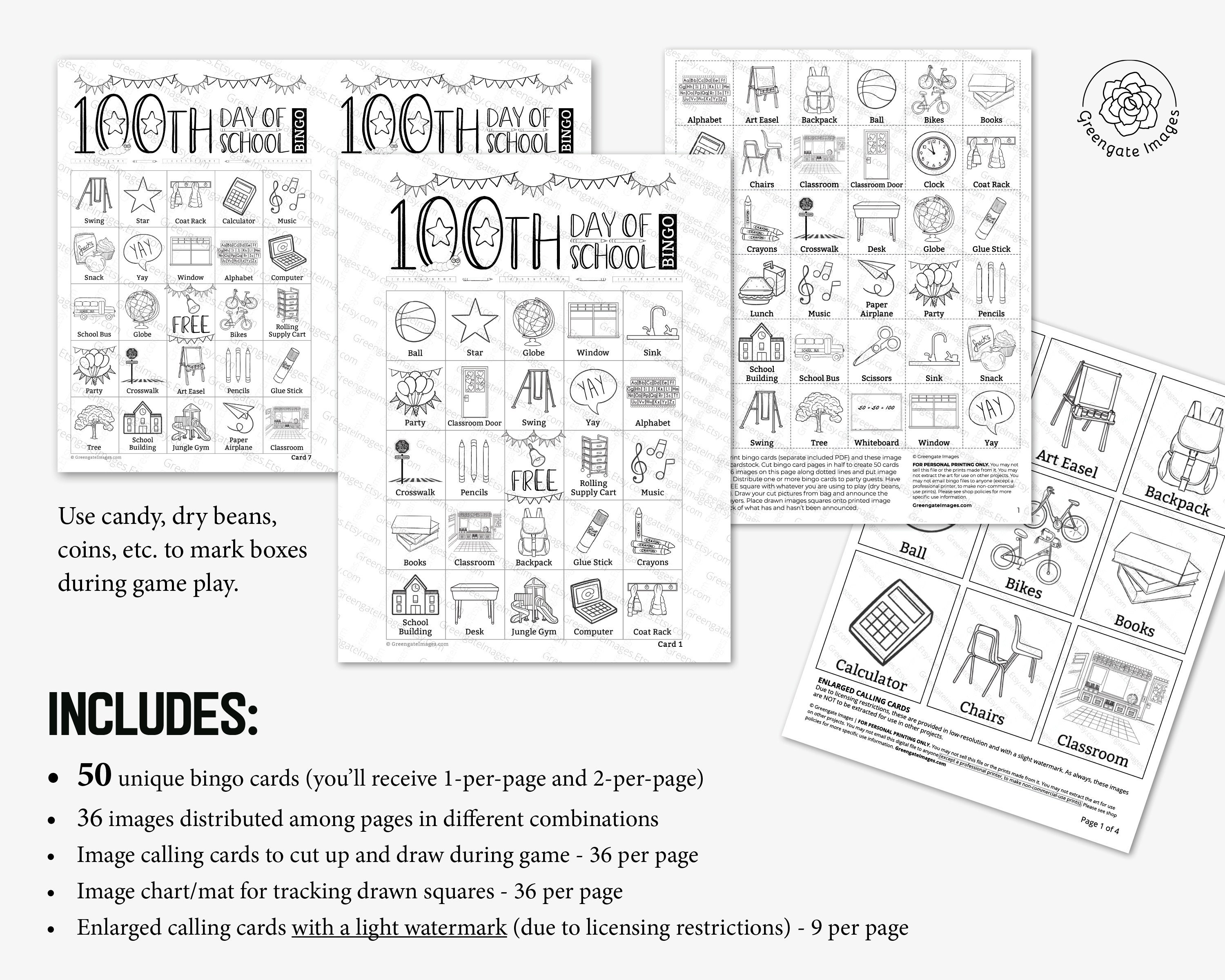 100th Day of School Bingo - 50 PRINTABLE Unique Cards. Instant Digital ...