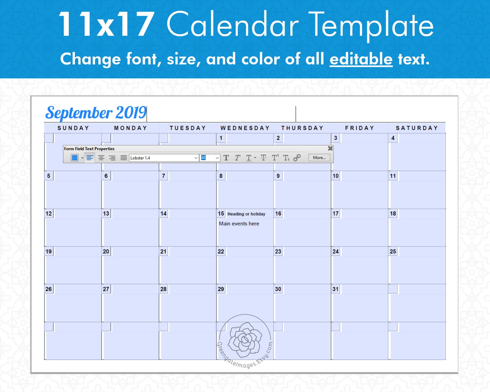 11x17" Editable Calendar Templates - Landscape Calendars, Set of ...