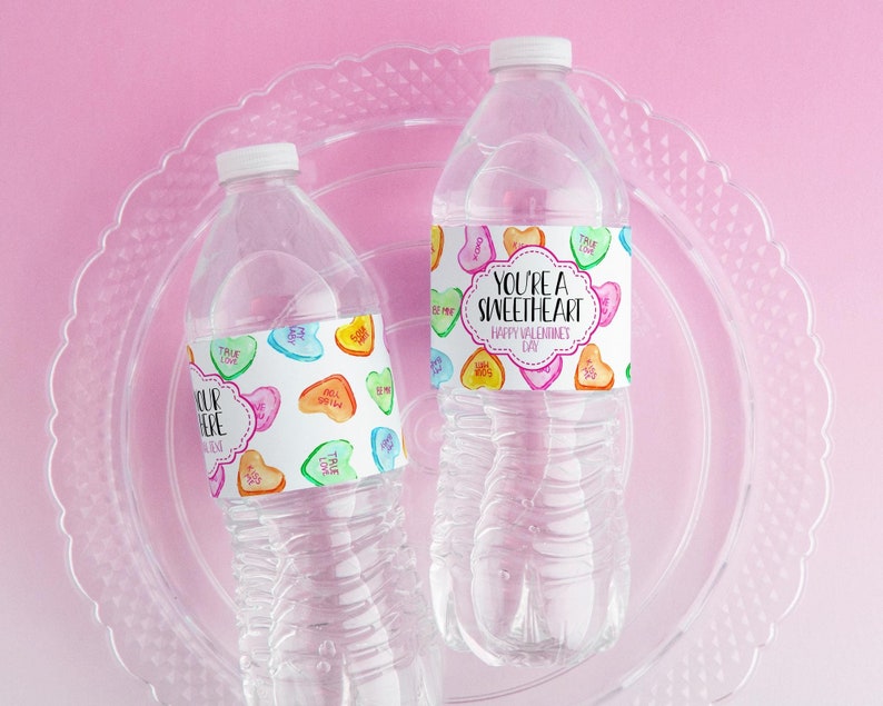 Conversation Hearts Water Bottle Label - Printable, Corjl Editable ...