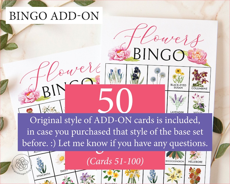 ADD-ON: 50 Additional Flowers Bingo Cards (numbered 51-100) to Go With ...
