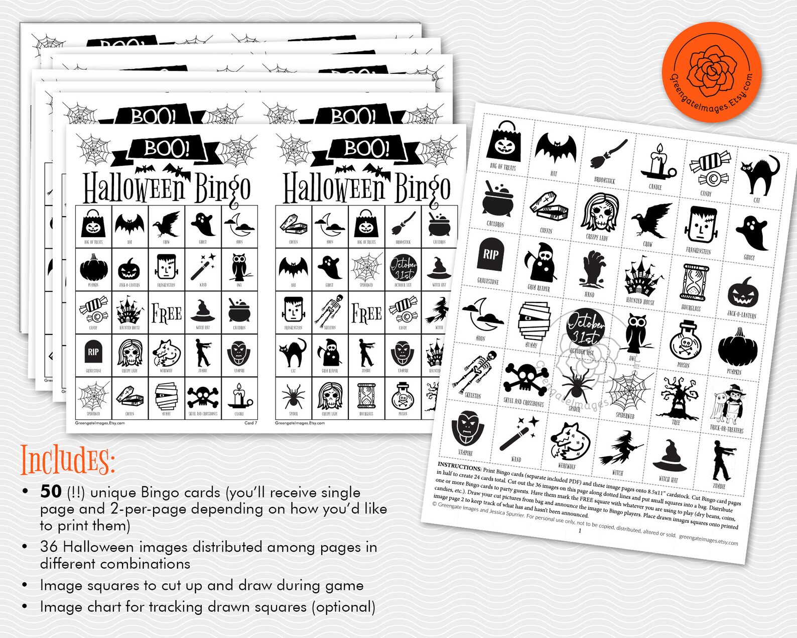 Halloween Bingo Cards 50 PRINTABLE Unique Cards Black and - Etsy