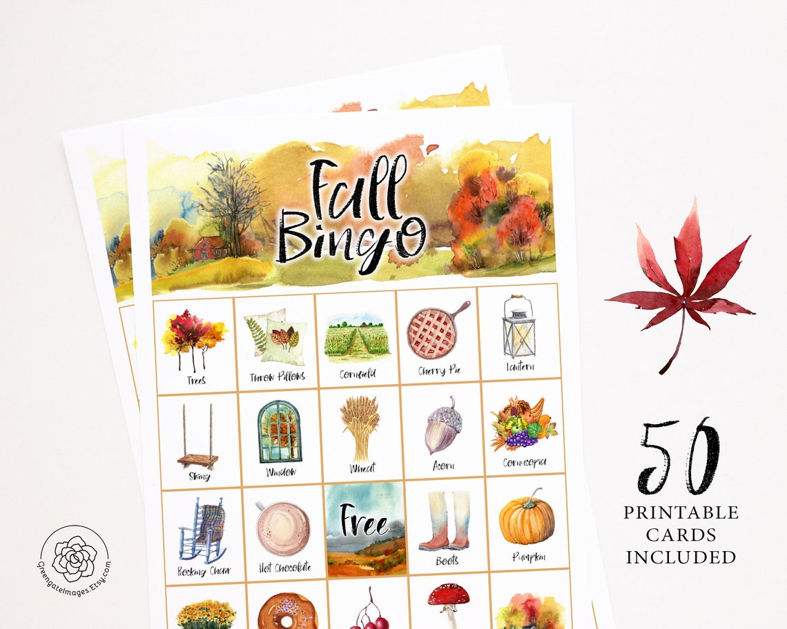 Fall Bingo Cards: PRINTABLE bingo with labeled pictures. 50 | Etsy