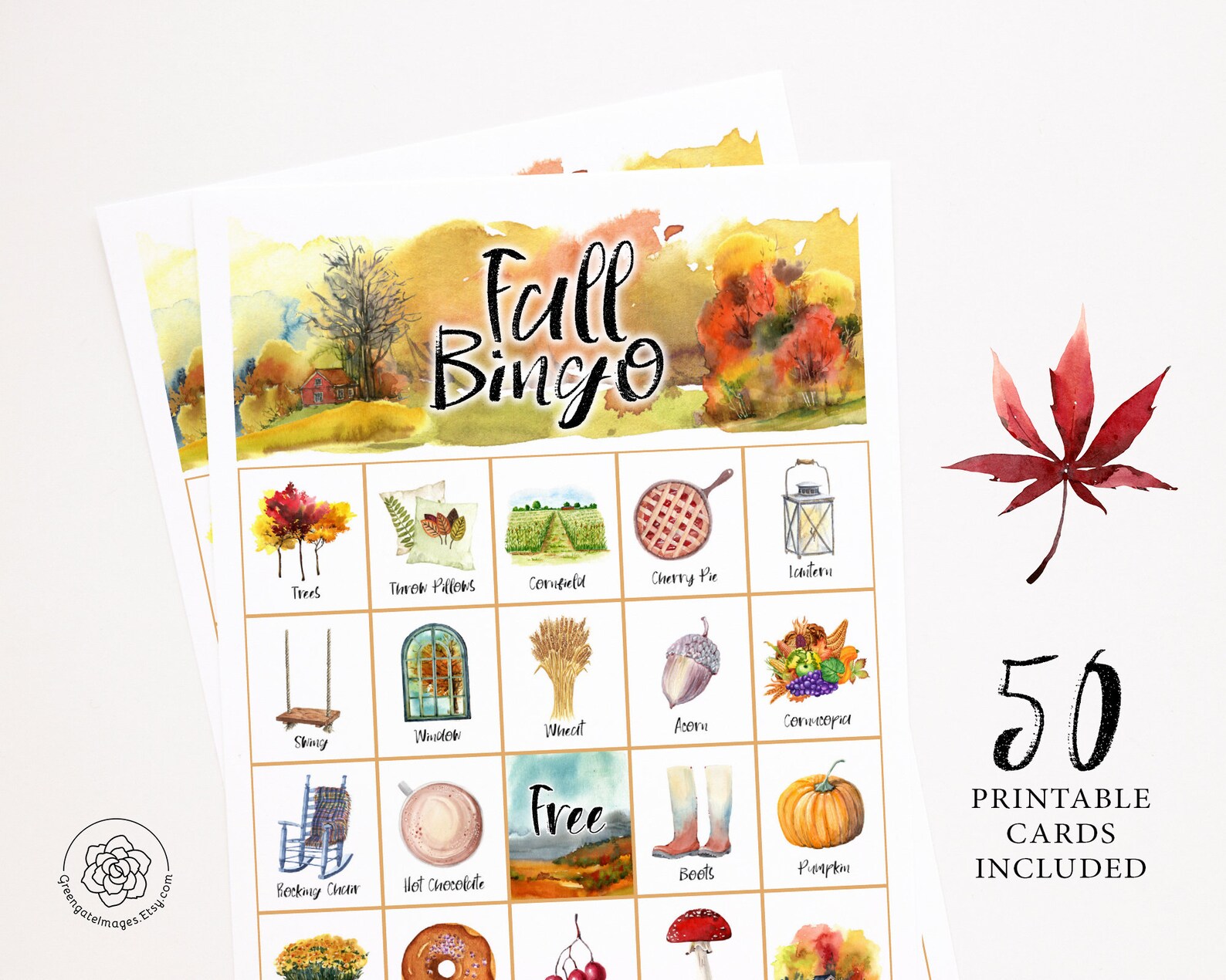 Fall Bingo Cards: PRINTABLE bingo with labeled pictures. 50 | Etsy