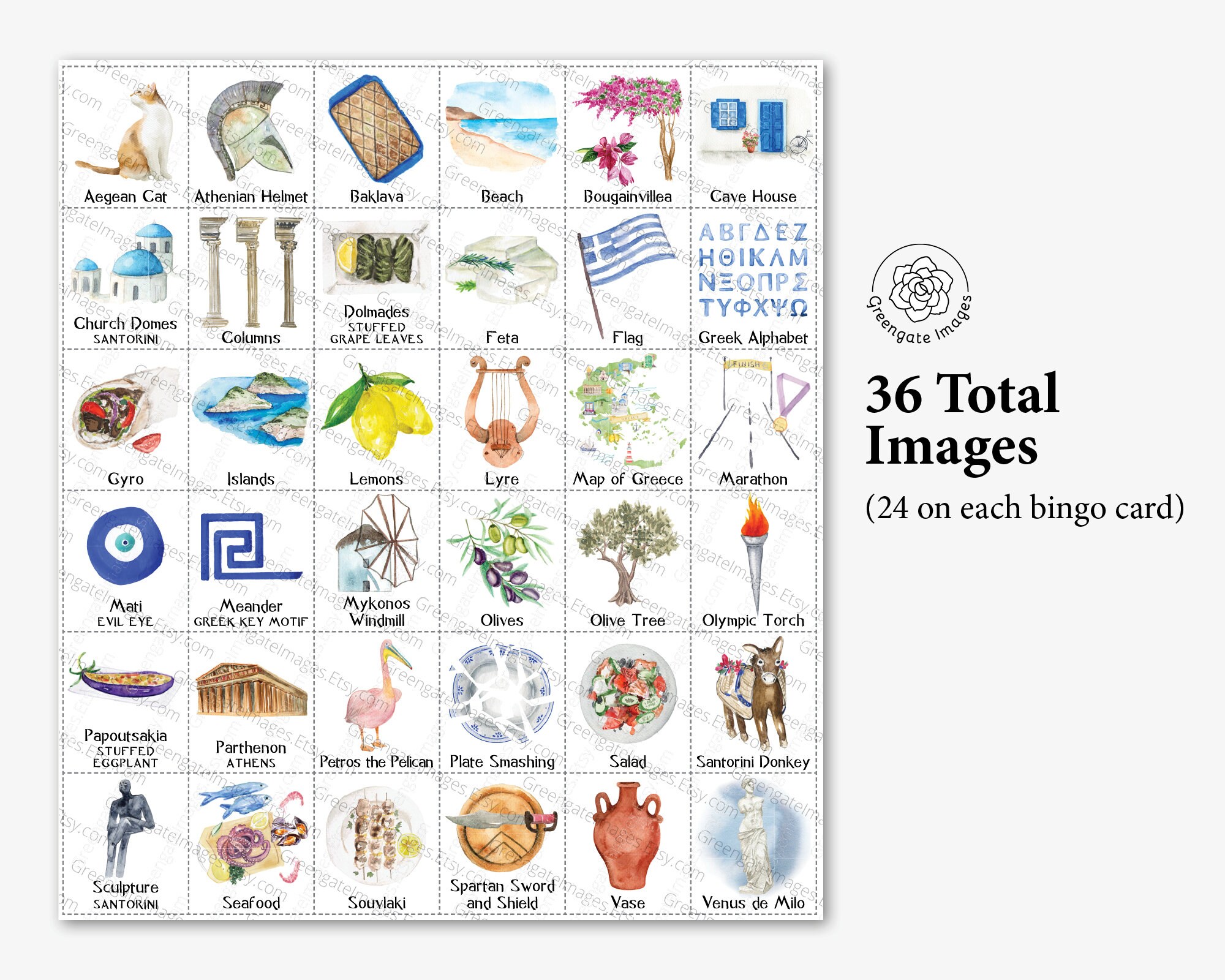 Greece Bingo - 50 PRINTABLE Unique Cards. Instant Digital Download PDF ...