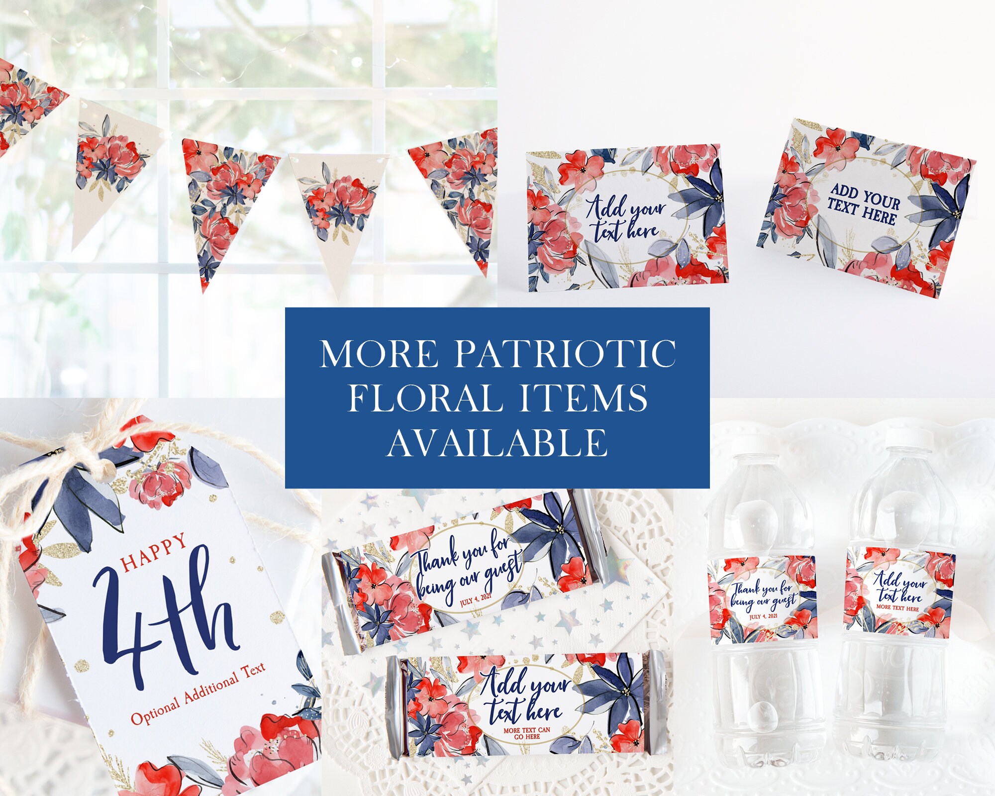Patriotic Floral Bunting - PRINTABLE Banner for 4th of July, Memorial ...