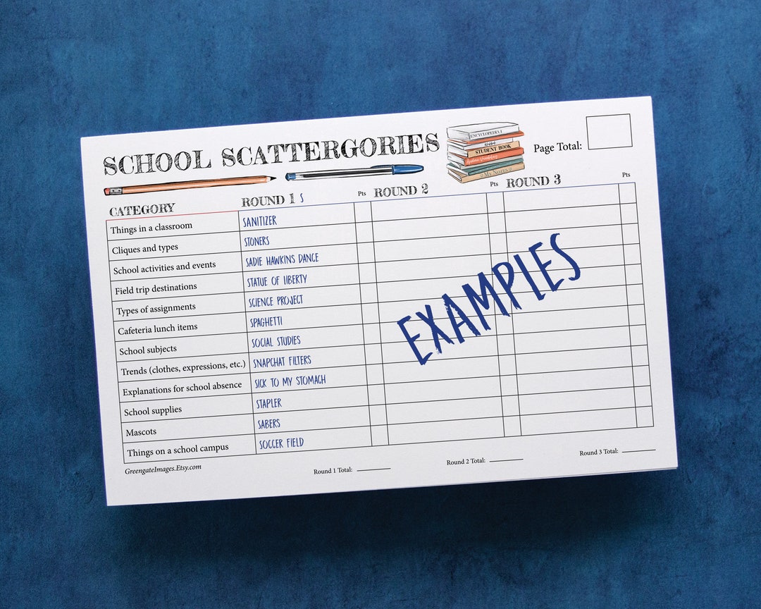 School Scattergories - Printable Scattergories Template, Party Game ...