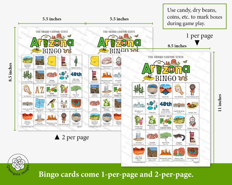 Arizona Bingo Cards - 50 PRINTABLE Unique Cards Download Instantly. Fun ...
