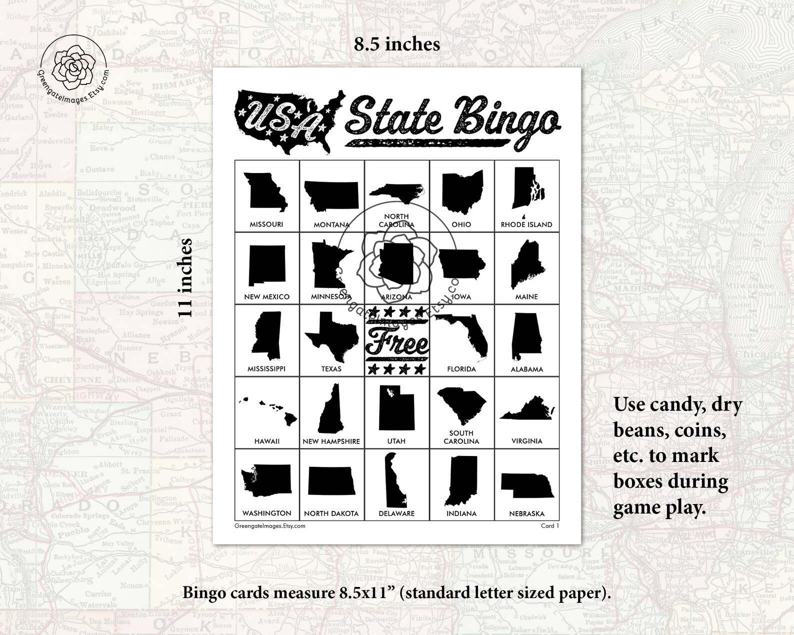 US State Bingo Set - Printable Bingo Game, 50 Cards, Senior Citizen ...