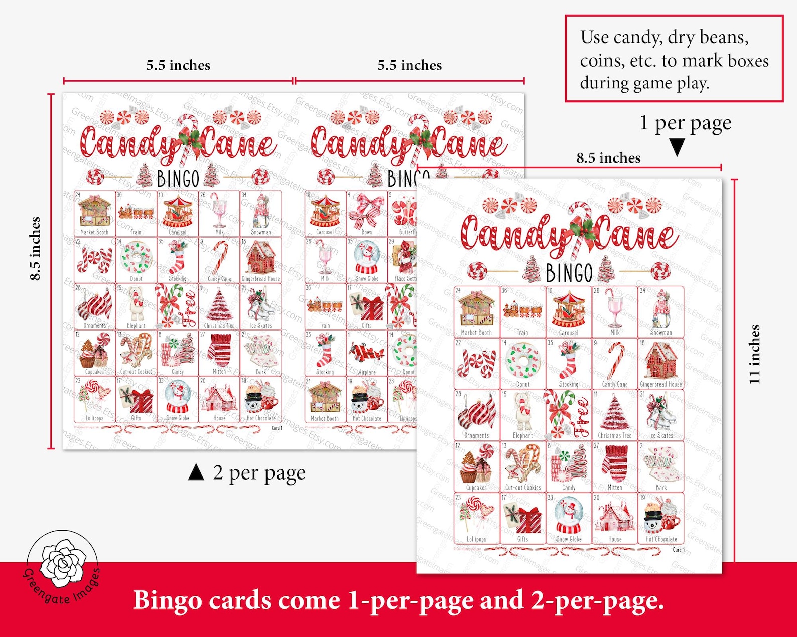 Candy Cane Bingo - 50 PRINTABLE Unique Cards. Instant Download PDF ...