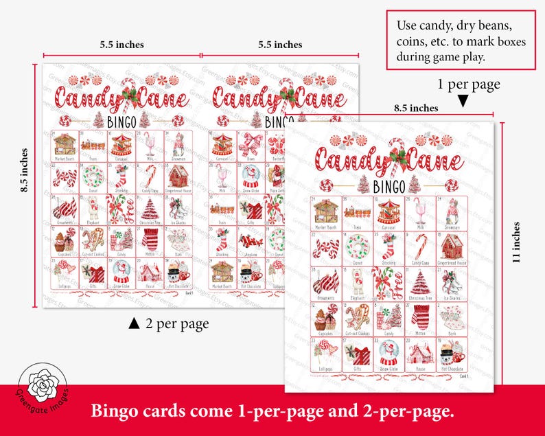 Candy Cane Bingo - 50 PRINTABLE Unique Cards. Instant Download PDF ...