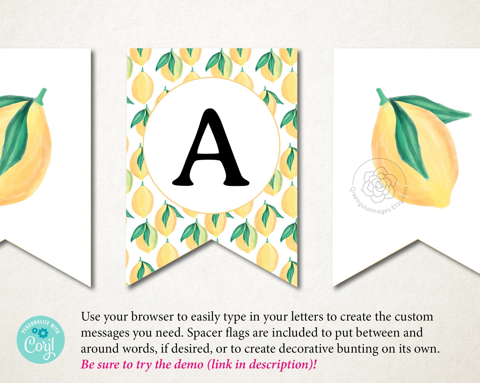 Lemon Message Banner printable bunting editable Corjl | Etsy