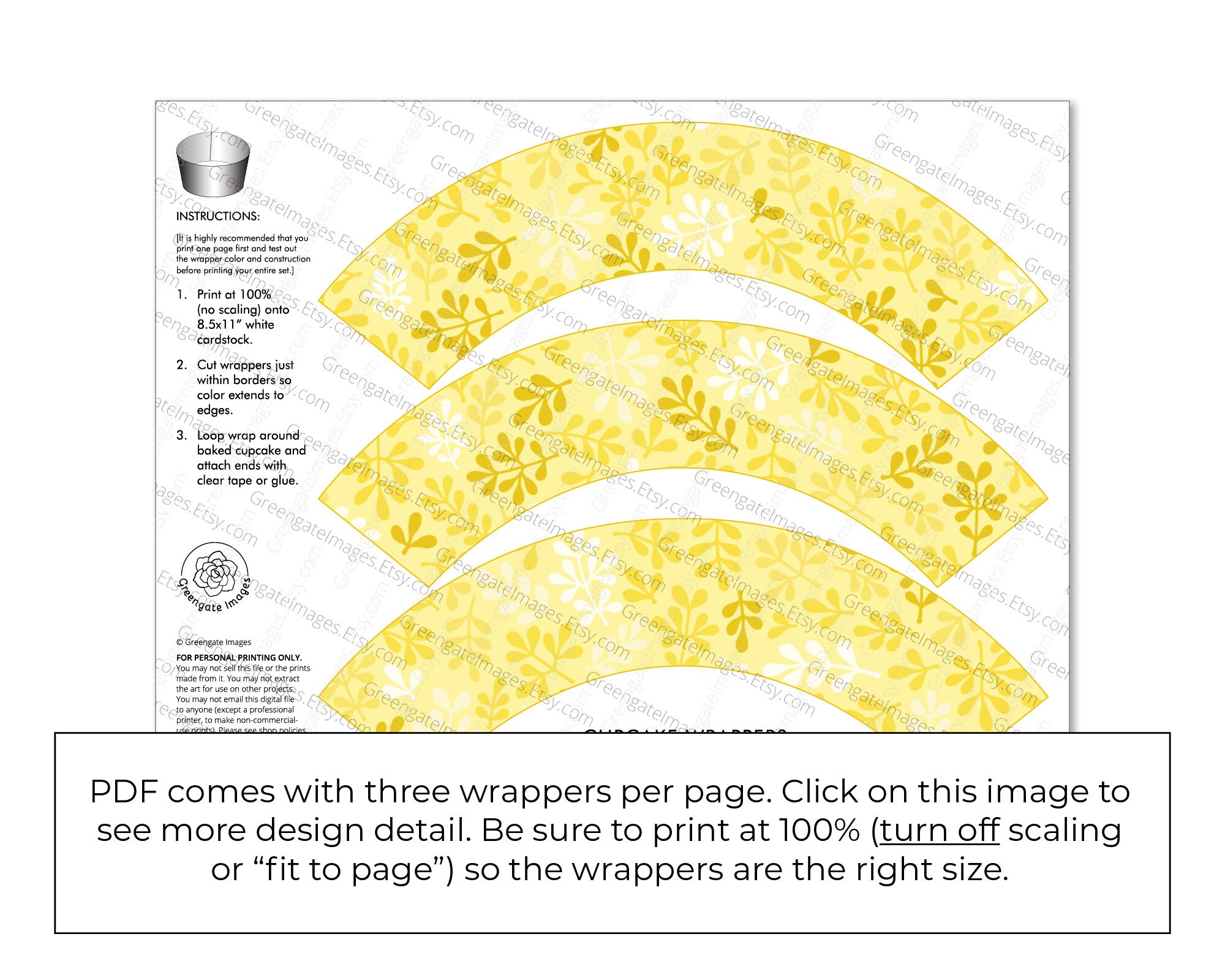 Yellow Botanical Cupcake Wrapper - PRINTABLE Instant Download PDF ...