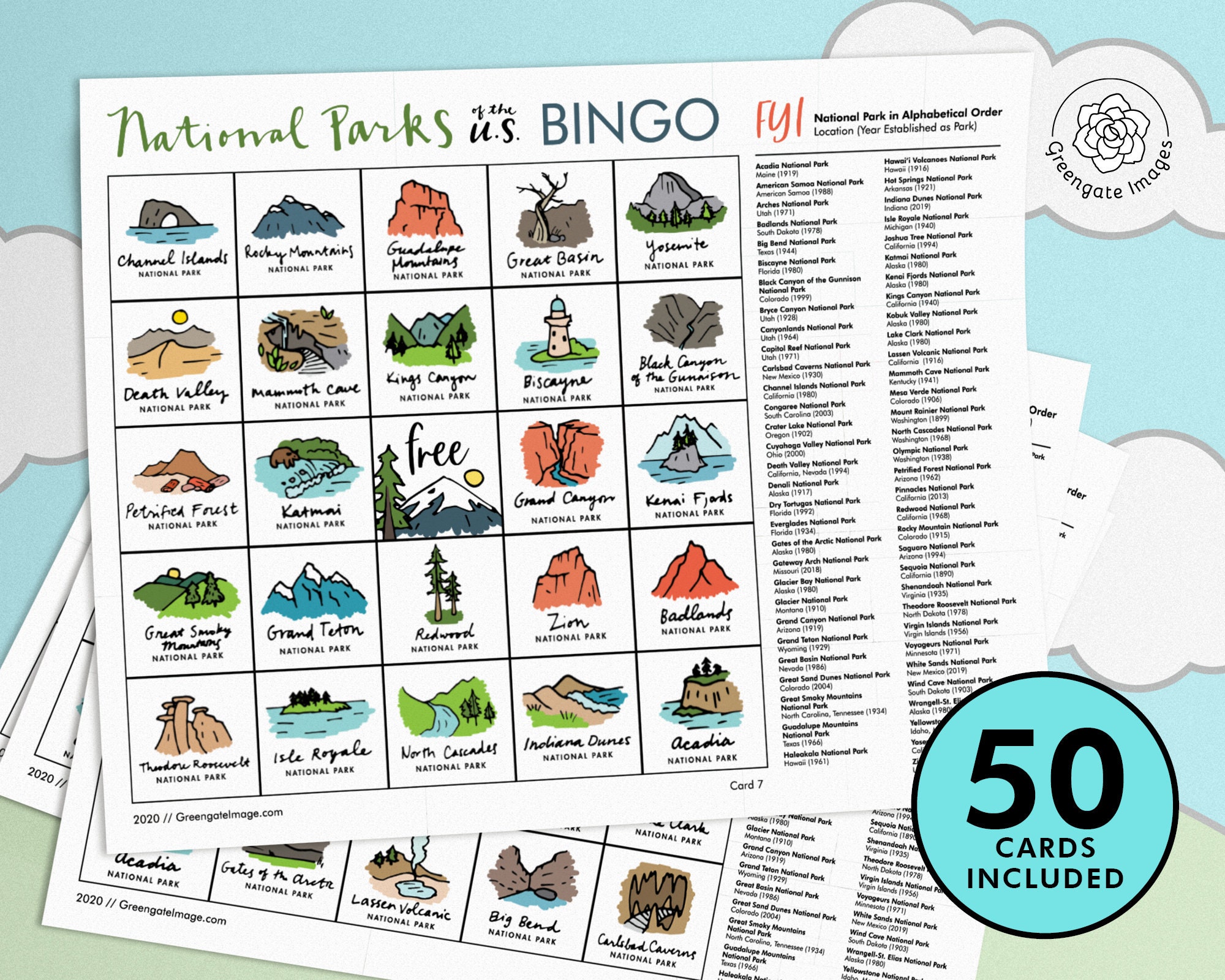 National Parks Bingo 50 Cards PRINTABLE Senior Citizen - Etsy UK