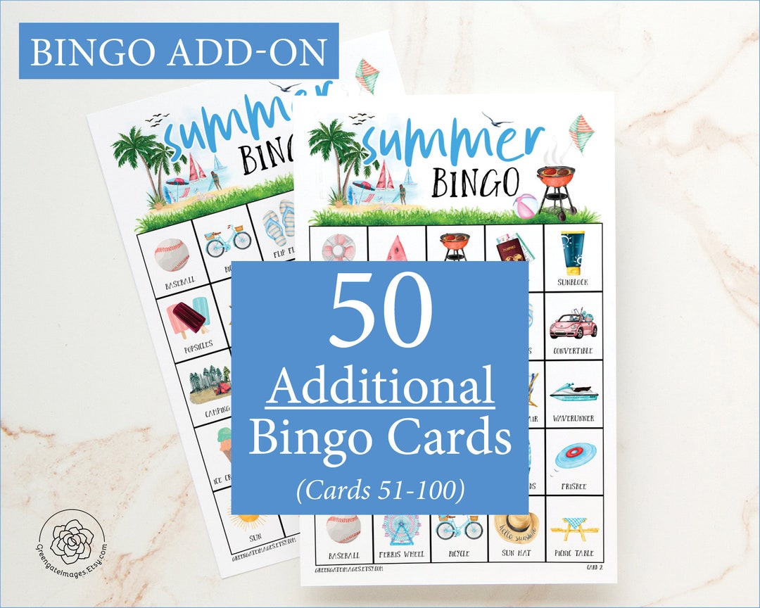 ADD-ON: 50 Additional Summer Bingo Cards (numbered 51-100) to Go With ...