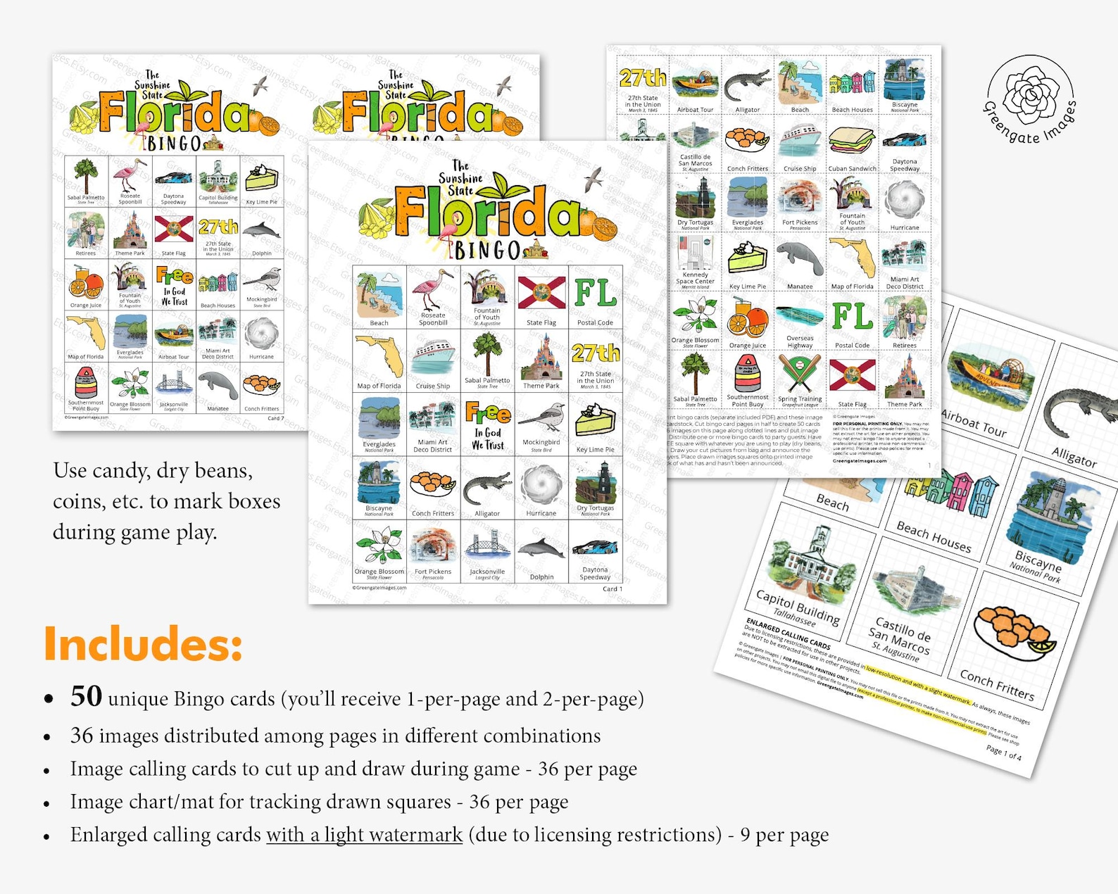 Florida Bingo Cards - 50 PRINTABLE Unique Cards You Download Instantly ...