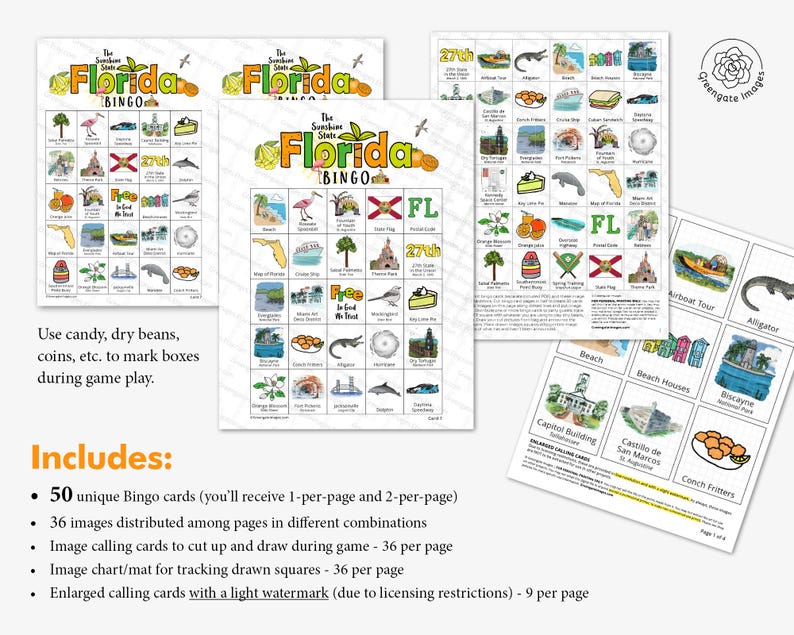 Florida Bingo Cards - 50 PRINTABLE Unique Cards You Download Instantly ...