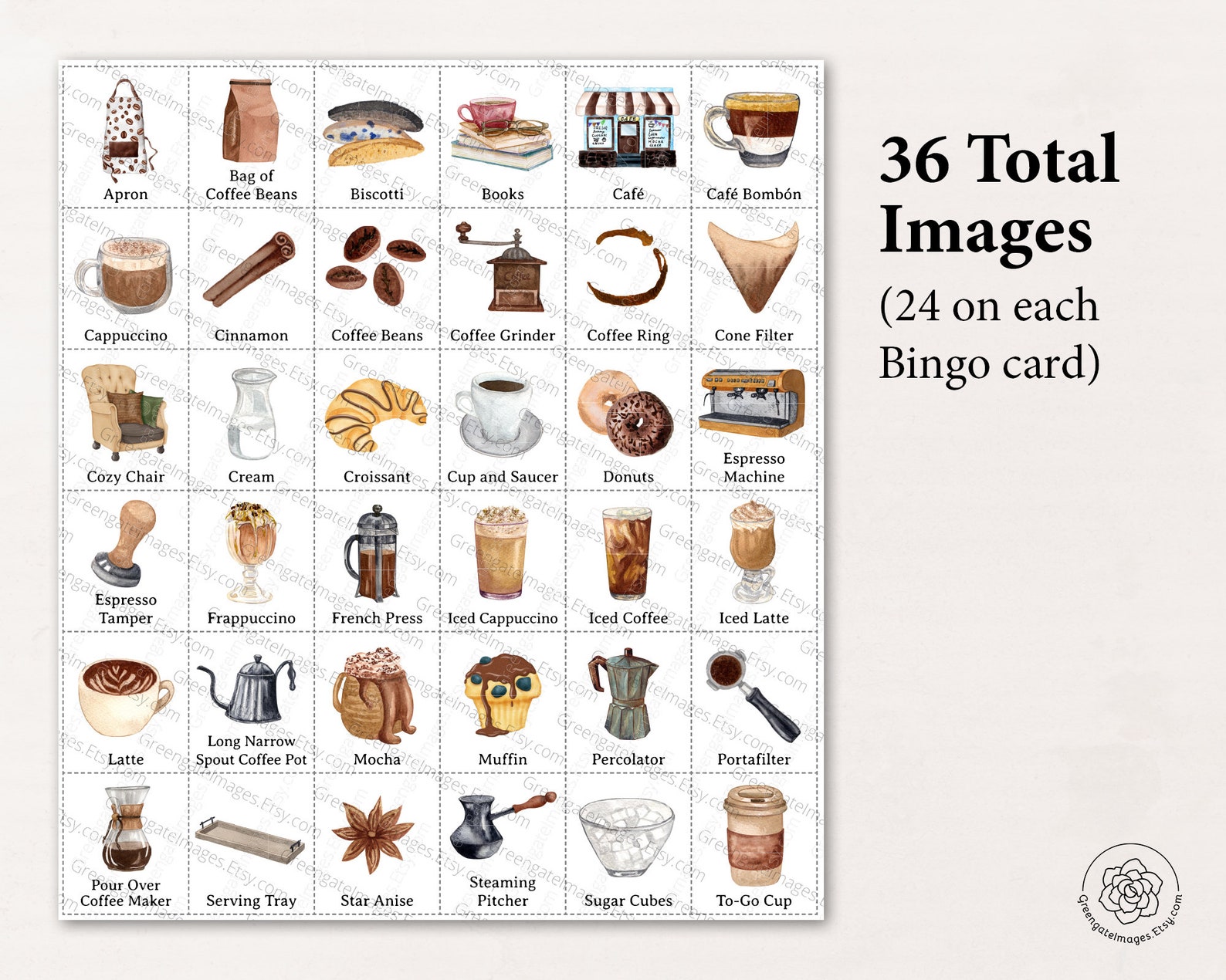 Coffee Bingo Cards: Printable Bingo Cards, Color Pictures, 50 Cards ...