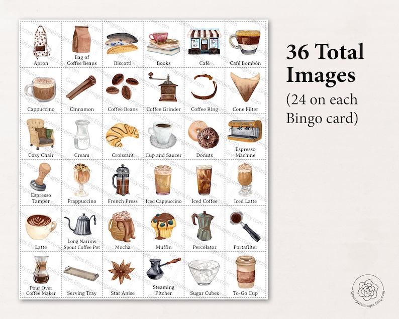 Coffee Bingo Cards: Printable Bingo Cards, Color Pictures, 50 Cards ...